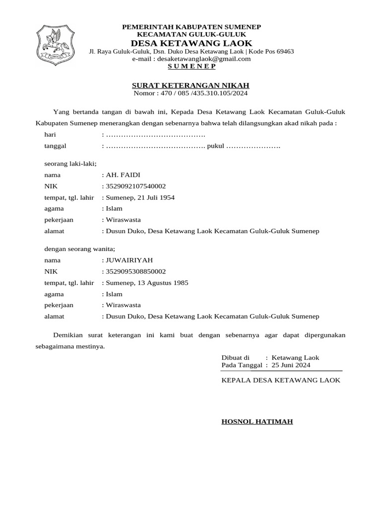 Contoh Surat Keterangan Nikah | PDF