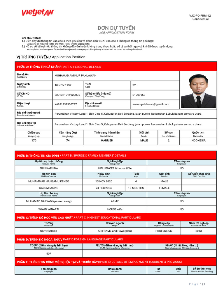 VJC-PD-FRM-12 Form Job Application - 048 | PDF