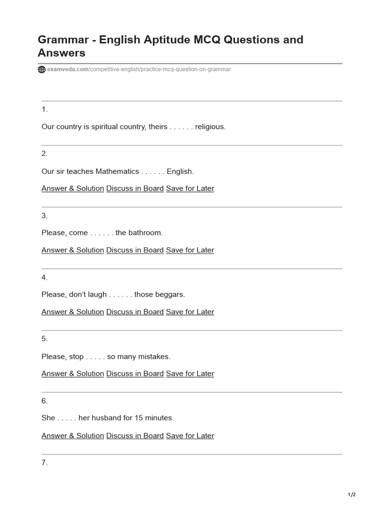 Grammar - English Aptitude MCQ Questions and Answers | PDF