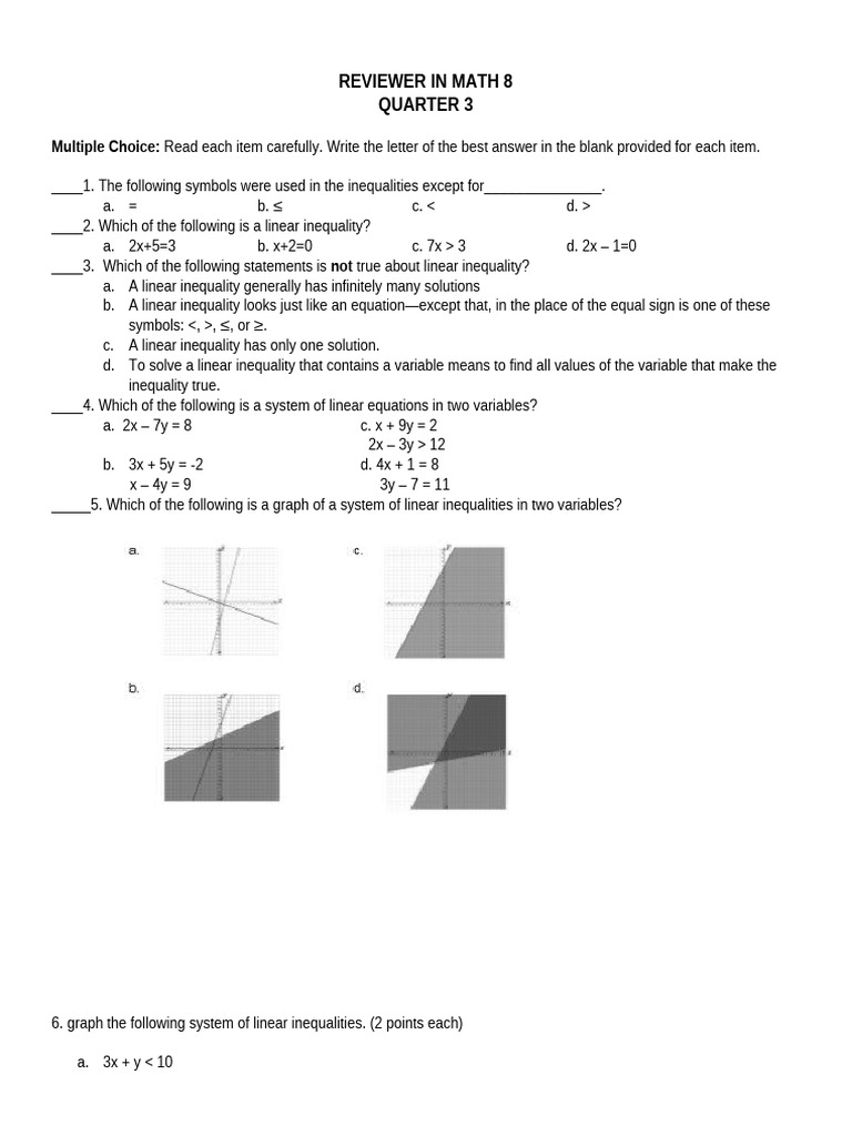 Math 8 reviewer-Q3 | PDF | Inequality (Mathematics) | Mathematics