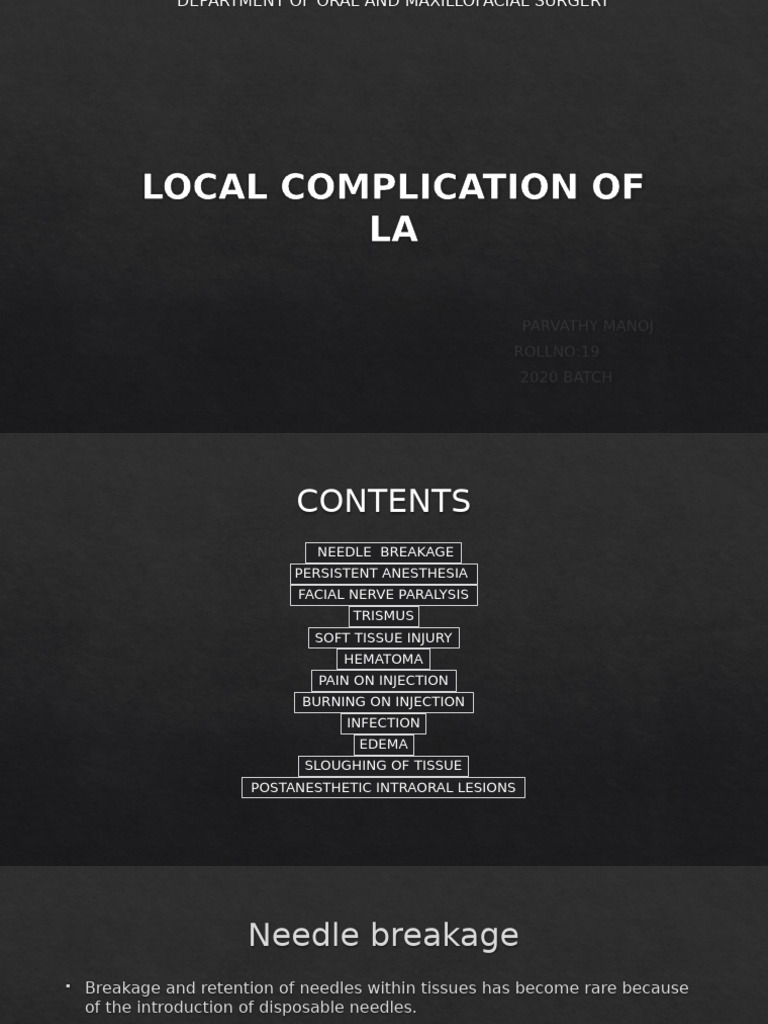 Local Complication of La | PDF | Injection (Medicine) | Anesthesia