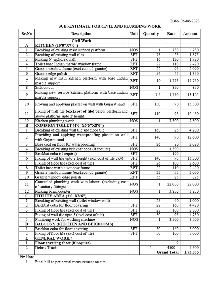 Plumbing and Civil Work Estimate | PDF | Tile | Building Materials