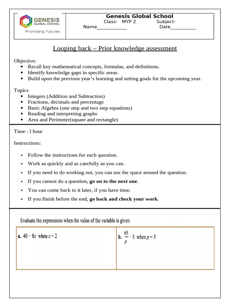 Diagnostic - MYP 2_Mathematics | PDF | Area | Mathematics