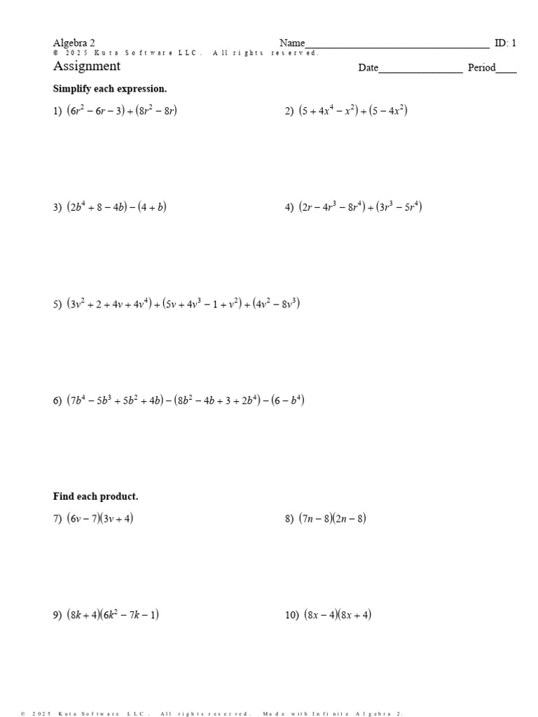 Algebra 2 Simplification & Products Worksheet | PDF