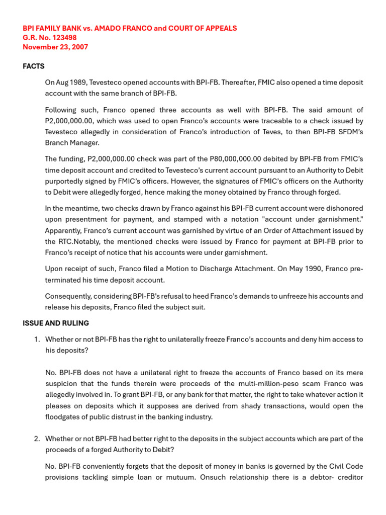 BPI FAMILY BANK Vs Franco | PDF | Deposit Account | Banks