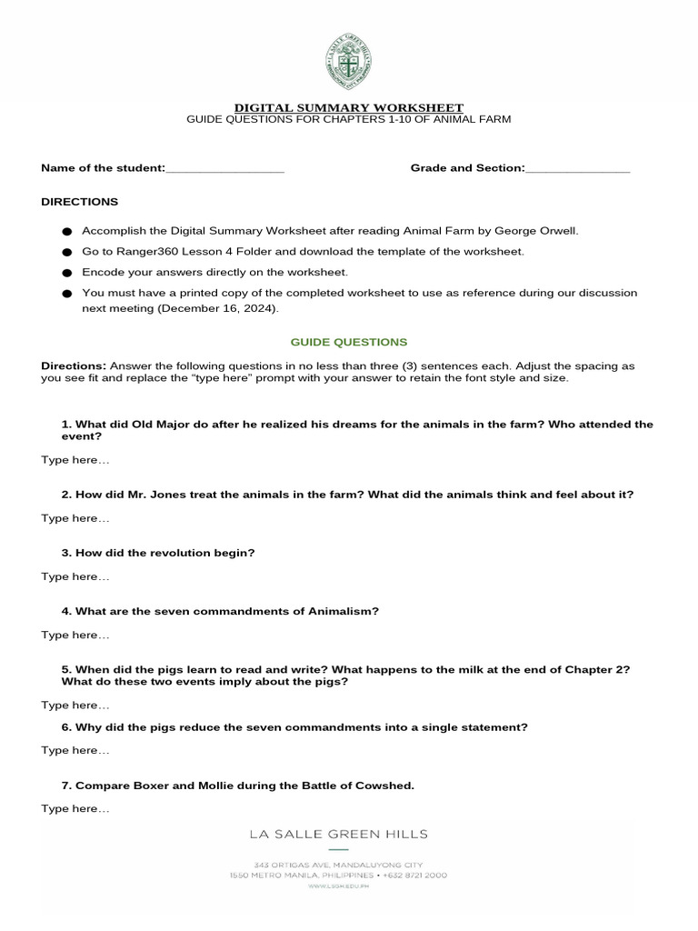 Animal Farm Digital Summary Worksheet | PDF