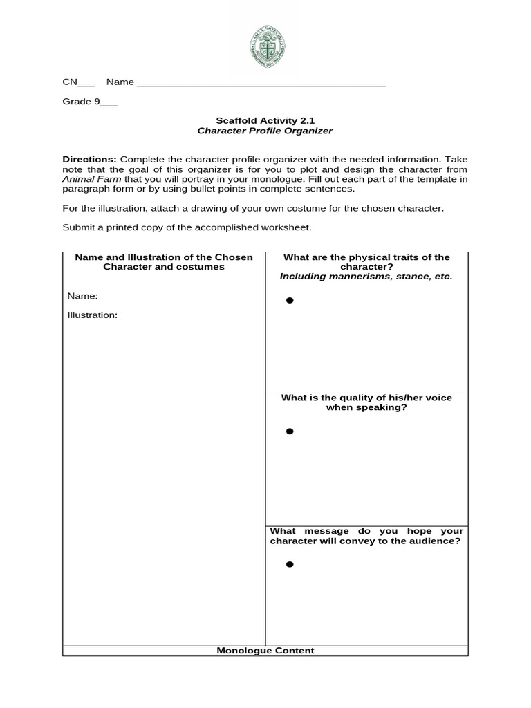 Scaffold Activity 2.1 Character Profile Organizer - Monologue Character ...