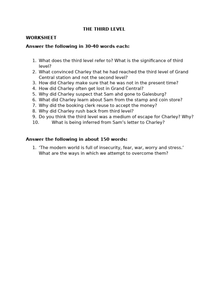 The Third Level - Worksheet | PDF