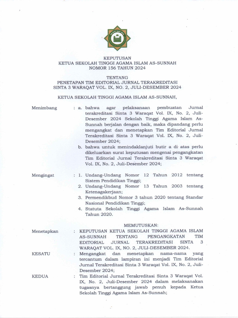 SK Tim Editorial Jurnal Terakreditasi Sinta 3 Waraqat Vol. IX, No. 2, Juli-Desember 2024 | PDF