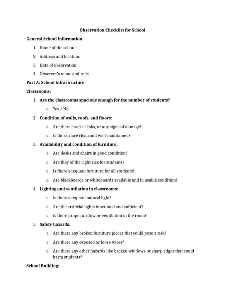 School Facilities Observation Checklist | PDF | Playground | Teachers