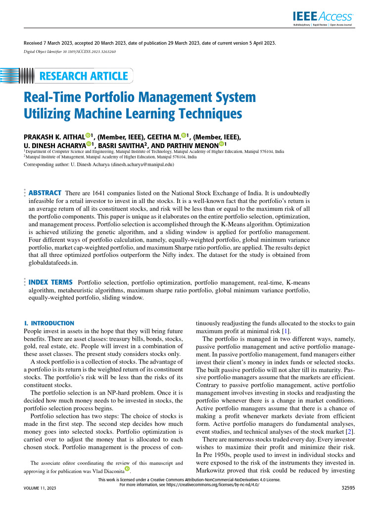 Real-Time Portfolio Management System Utilizing Machine Learning Techniques | PDF | Modern ...