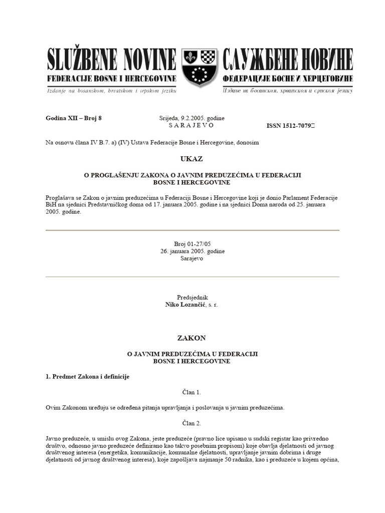Zakon o Javnim Preduzećima U FBiH | PDF