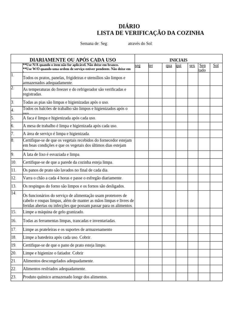 Modelo de Cronograma de Limpeza Da Cozinha Do Restaurante | PDF