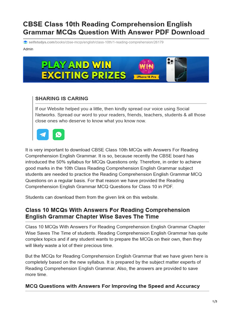 CBSE Class 10th Reading Comprehension English Grammar MCQs Question ...