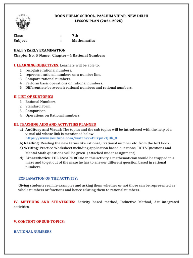 Class 7 Math Lesson Plan: Rational Numbers | PDF | Numbers | Rational ...