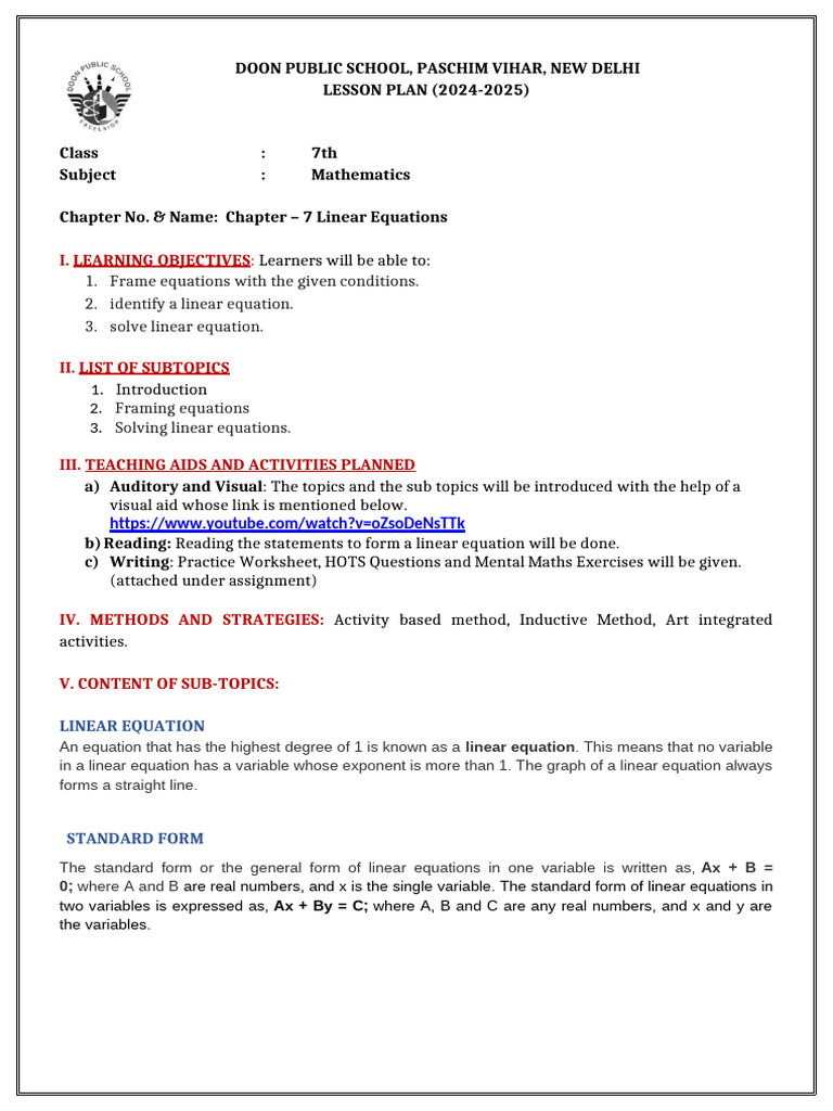 Grade 7 Linear Equations Lesson Plan | PDF | Equations | Subtraction