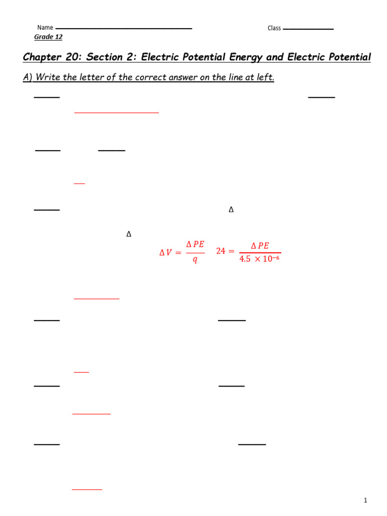 20.2 Worksheet 1 | PDF | Potential Energy | Voltage