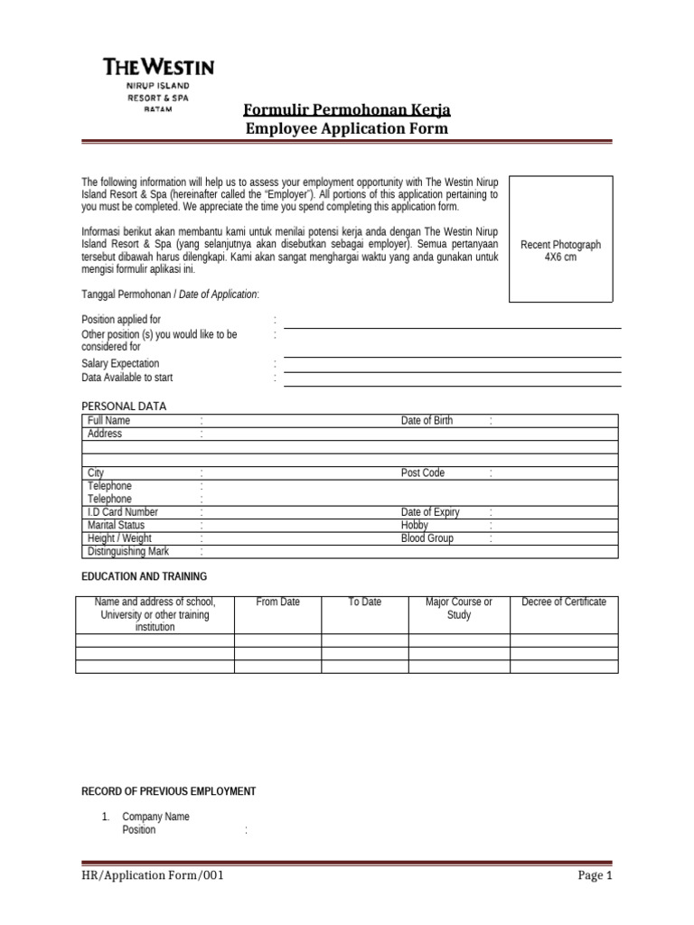 The Westin Nirup Application Form | PDF