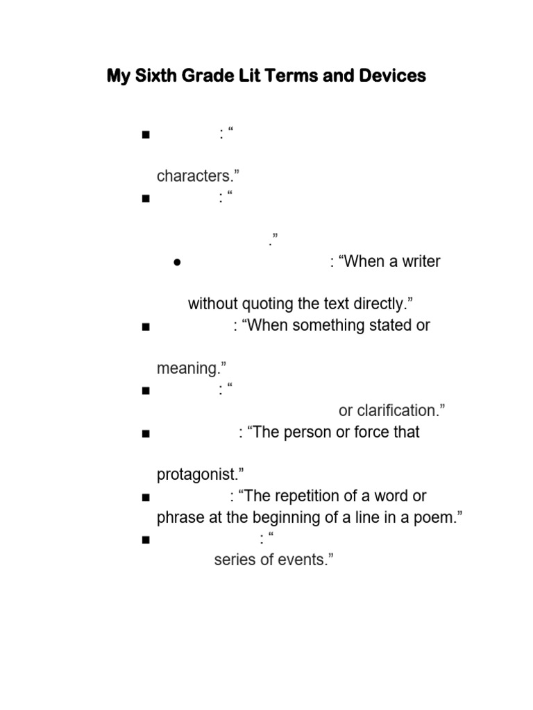 My Sixth Grade Lit Terms and Devices 2022 | PDF | Narration | Metaphor