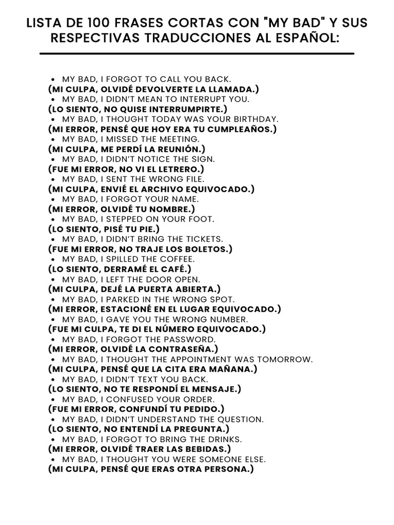 100 Frases con "My Bad" y Traducciones | PDF