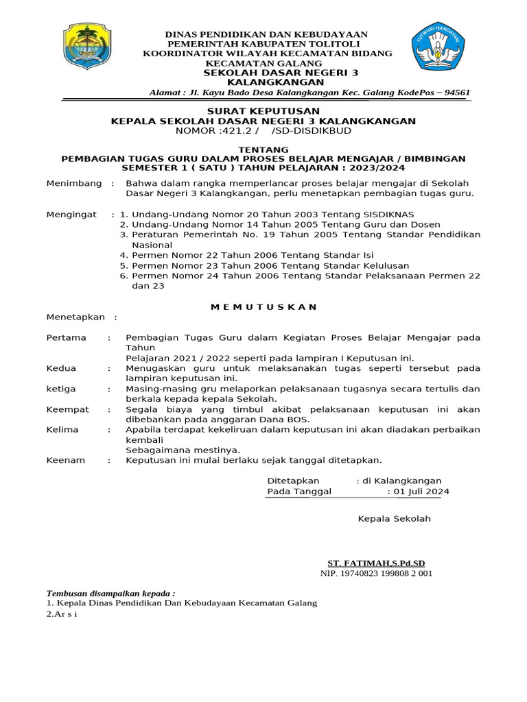 SK Pembagian Tugas Semester | PDF