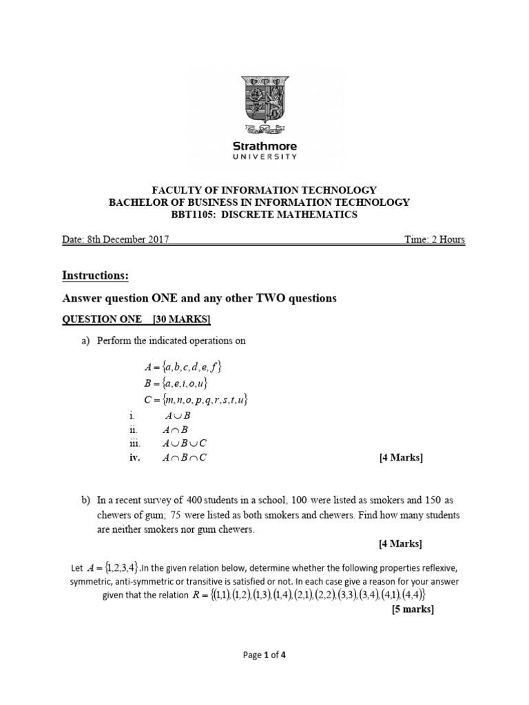 BBT 1105 - Discrete math- December 2017 | PDF | Combinatorics | Mathematics