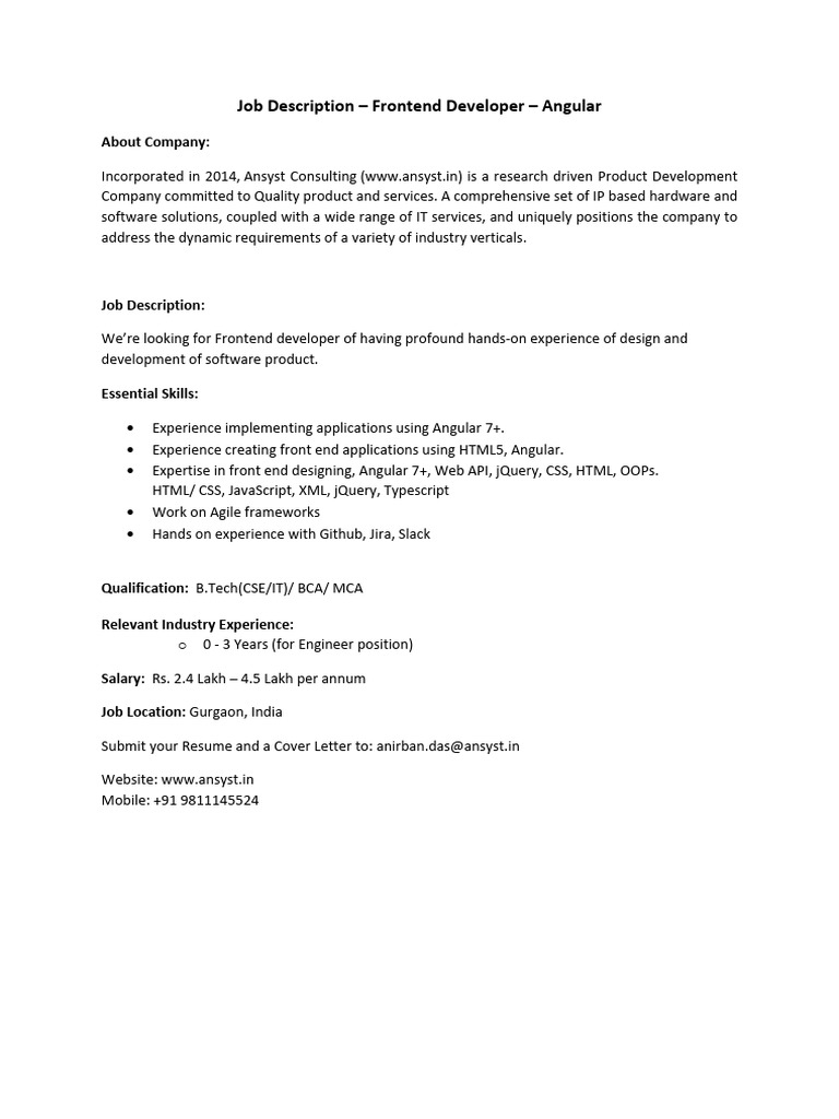 Job Description – Frontend Developer Angular | PDF