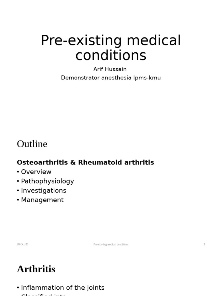 Lec 3 - Pre-Existing Medical Condition | PDF | Osteoarthritis | Rheumatoid Arthritis