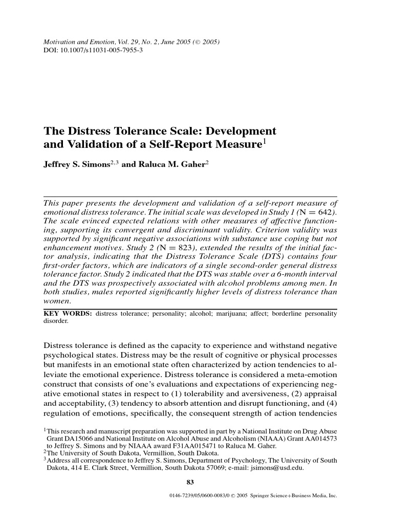 Development of the Distress Tolerance Scale | PDF | Affect (Psychology ...