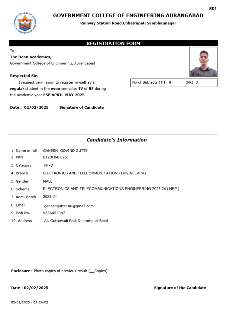 BE Registration Form for Electronics Engineering | PDF ...