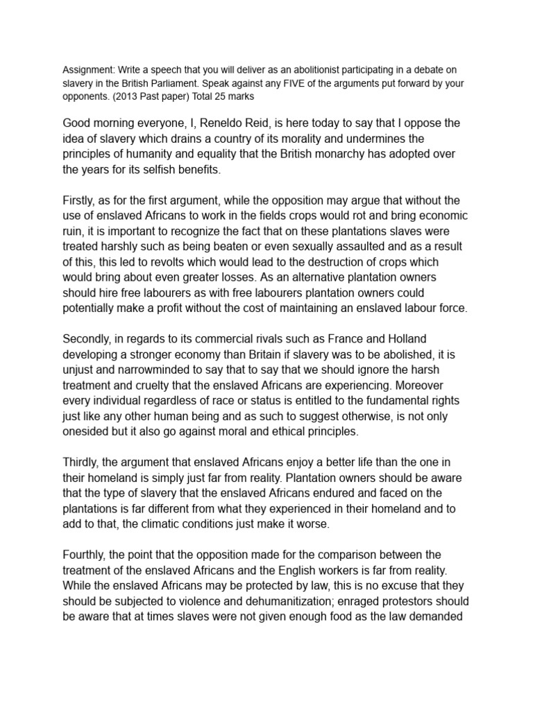 Assignment - Write A Speech That You Will Deliver As An Abolitionist ...