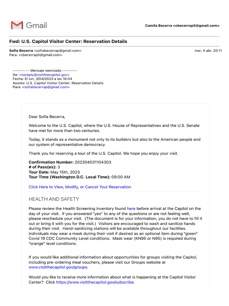 Fwd: U.S. Capitol Visitor Center: Reservation Details | PDF