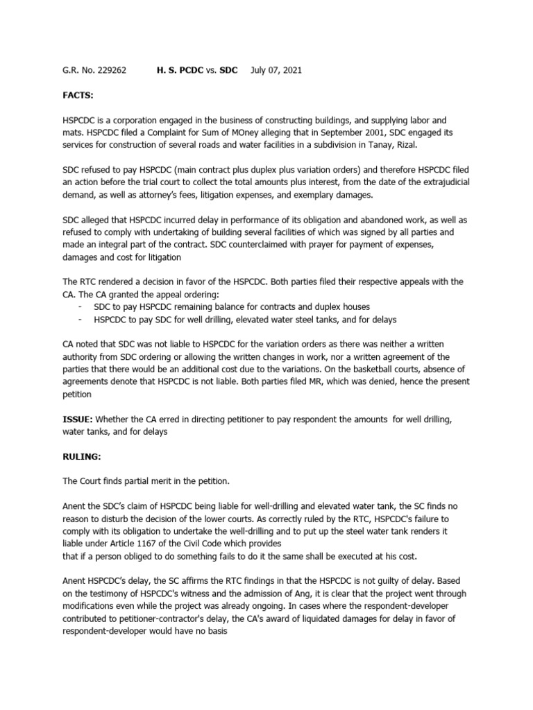 HS Pow Construction Dev Corp Vs Shaughnessy Devt - Obli Con - Art 1167 ...