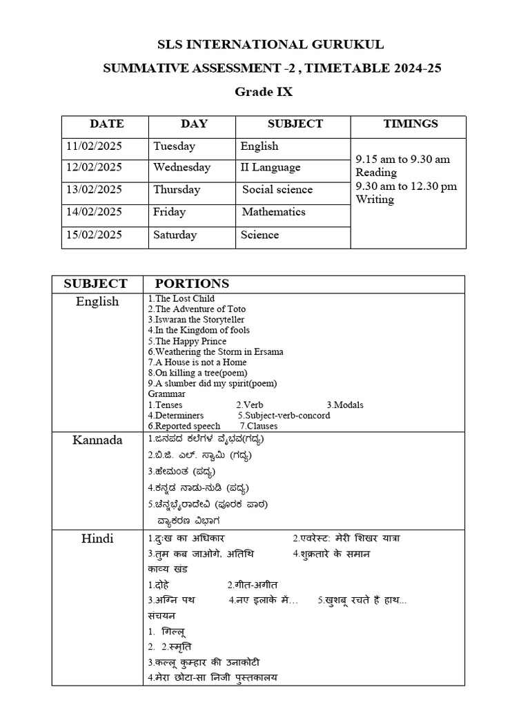 Sls International Gurukul Summative Assessment - 2, Timetable 2024-25 ...