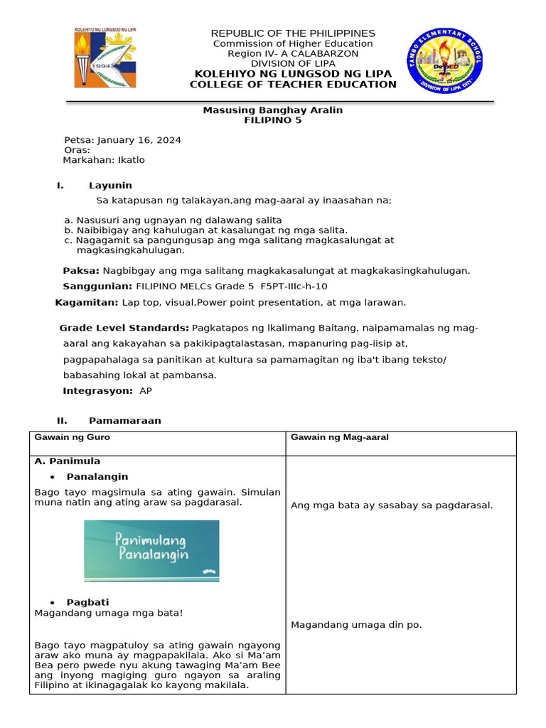 Grade 5 Lesson Plan FILIPINO | PDF