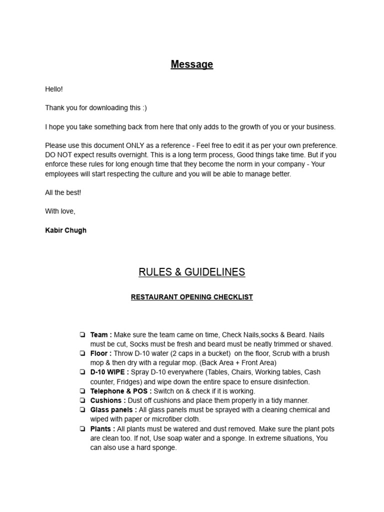 Staff rules & guidelines | PDF | Menu | Tableware