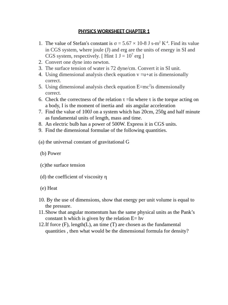 Physics Worksheet Chapter 1 | PDF