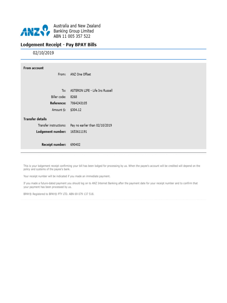 ANZ Receipt - Ref 1653611191.pdfrussell Life Insurane | PDF