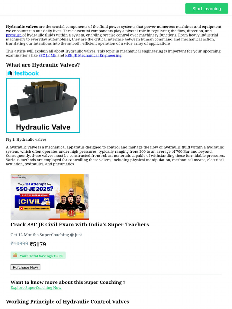 Hydraulic Valves - Working, Parts, Functions, and Specifications | PDF