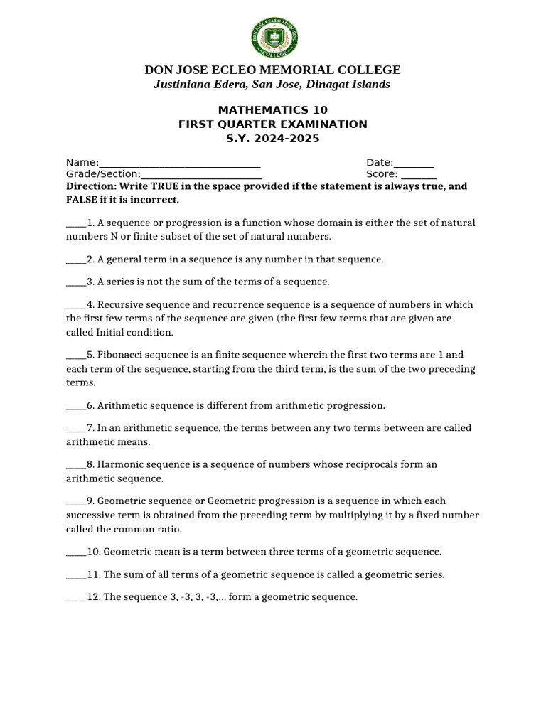 TQ- MATH 10 (1st Quarter) | PDF | Sequence | Polynomial