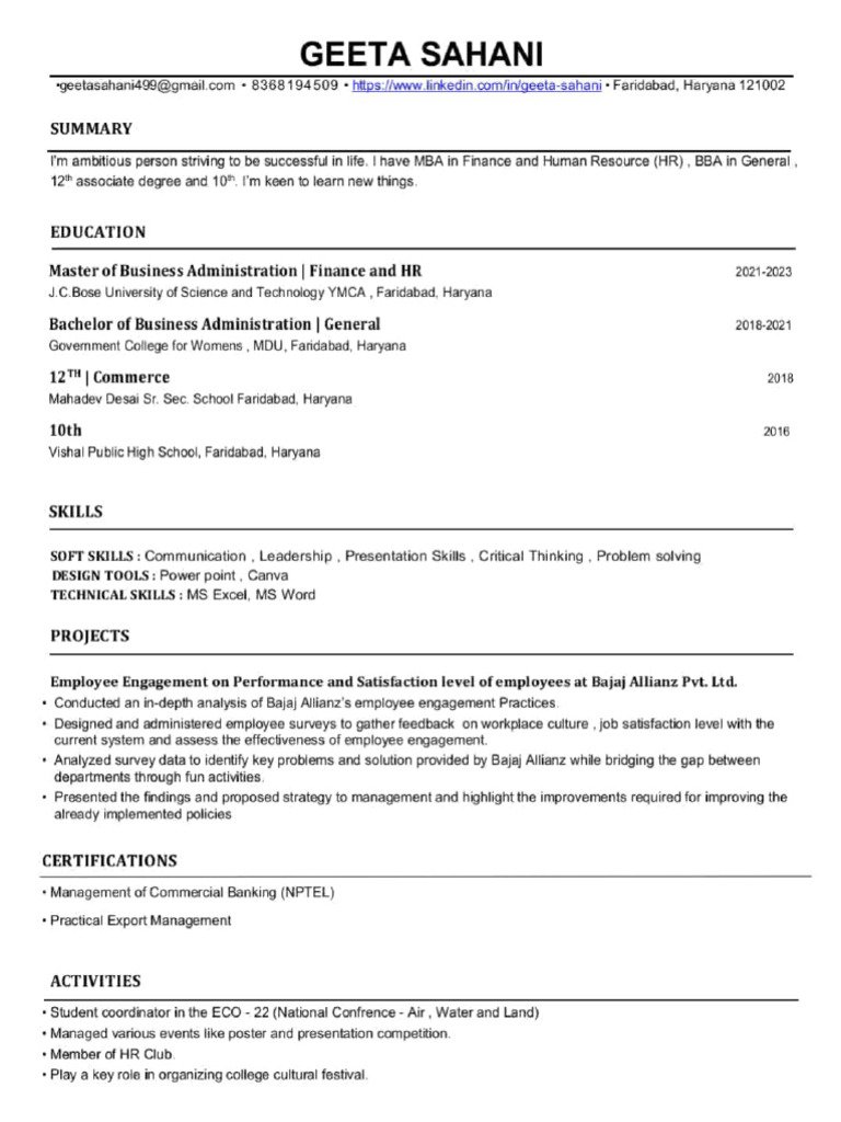 MBA Student Resume: Geeta Sahani | PDF