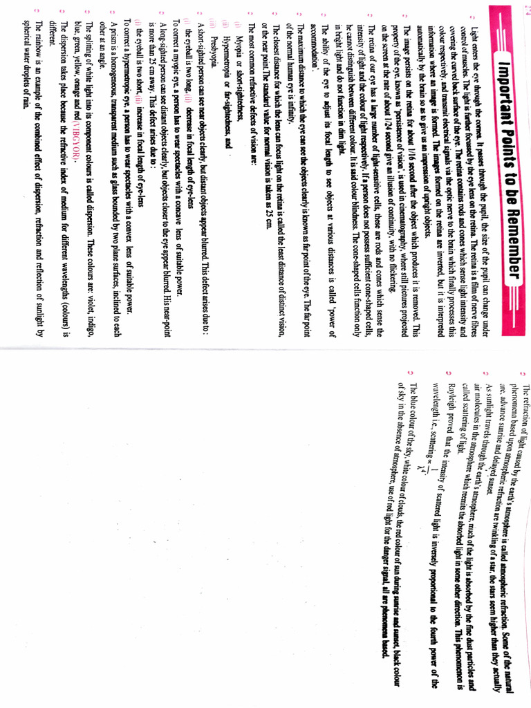 10 Cbse Human Eye Short Notes | PDF | Eye | Myopia