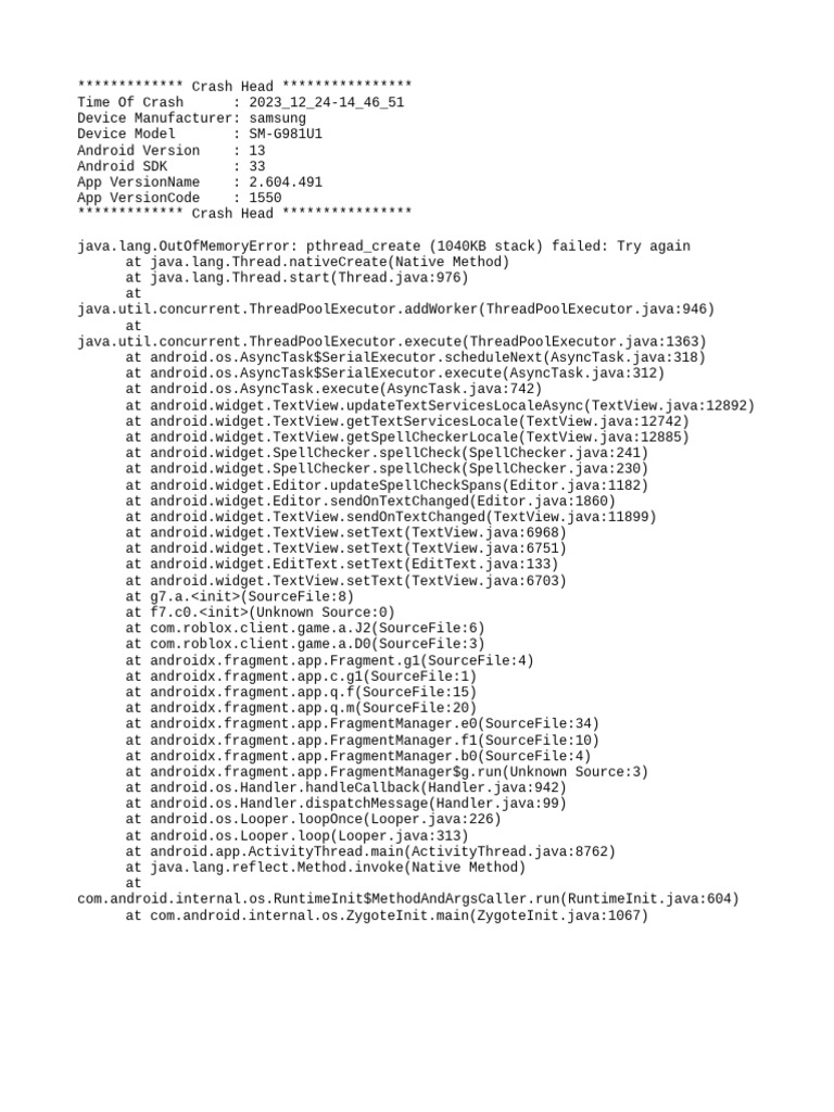 Samsung SM-G981U1 OutOfMemoryError Log | PDF | Java (Programming Language) | Android (Operating ...