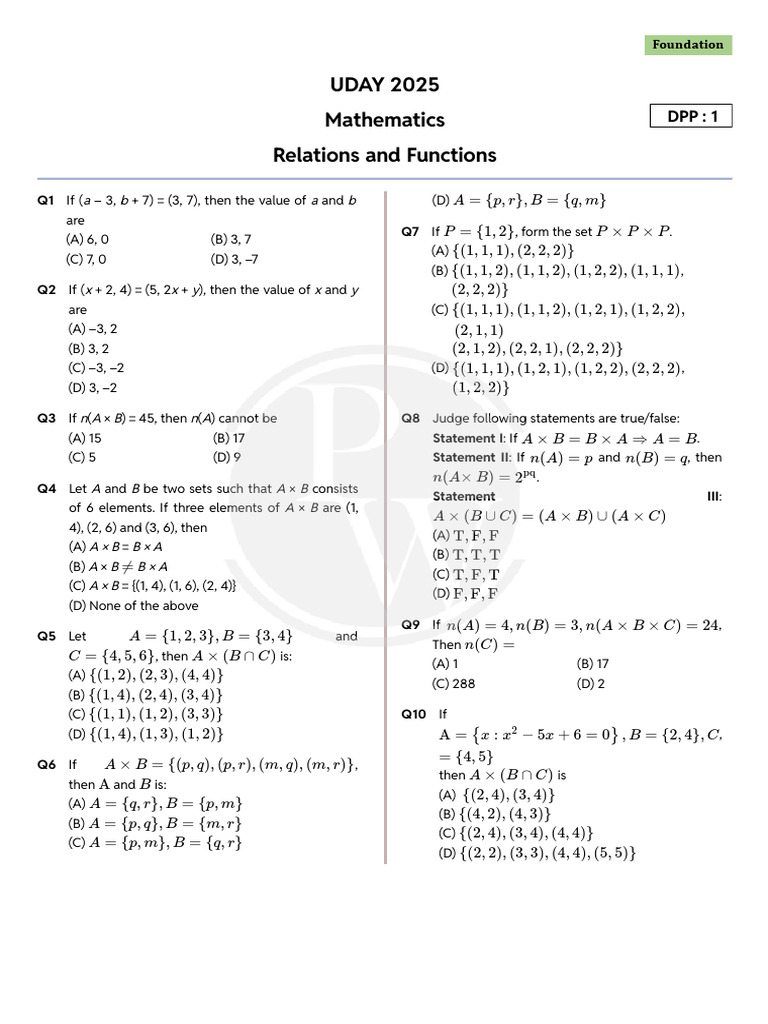 Relations and Functions _ DPP 01 __ Uday 2025 | PDF