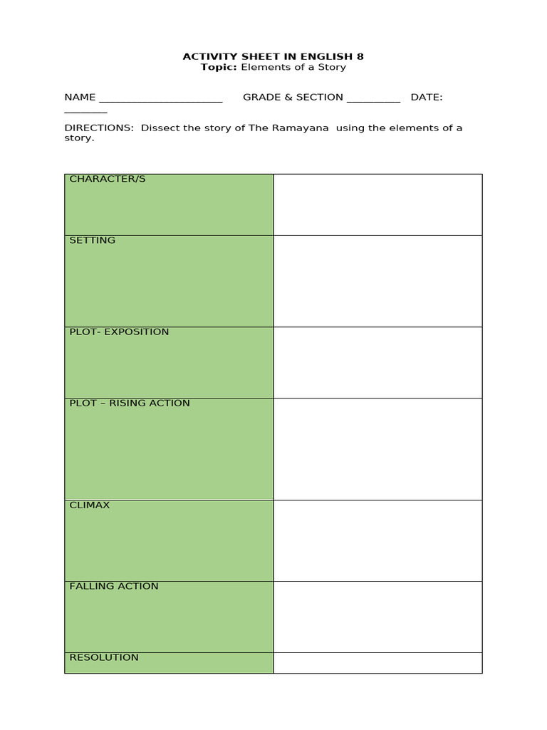 Elements of a Story Activity Sheet | PDF