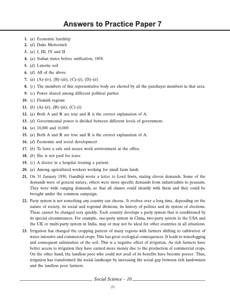 Cbse cl10 Together With SST Answers To Practice Paper 7 | PDF