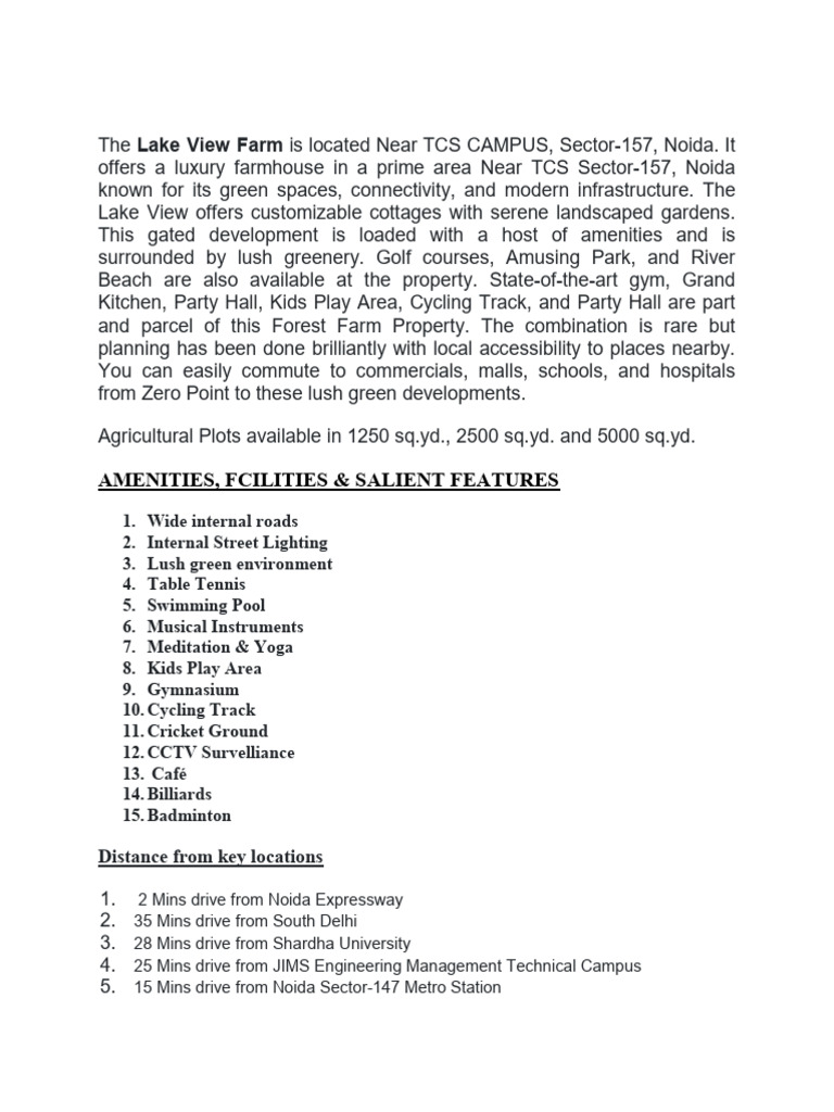Lake View Farms Noida | PDF