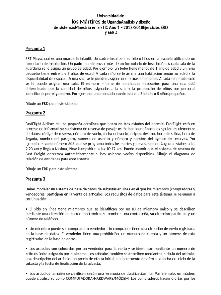 Ejercicios de Eerd Erd A | PDF | Cuidado de los niños | Subasta