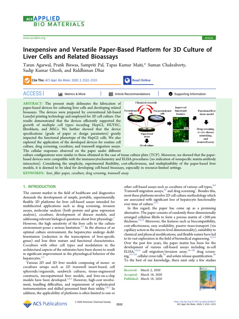 Agarwal Et Al 2020 Inexpensive and Versatile Paper Based Platform For 3d Culture of Liver Cells ...