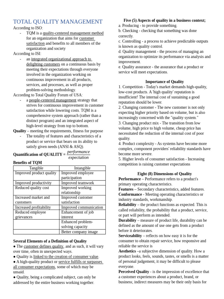 Tqm Reviewer | PDF | Quality Management | Quality (Business)